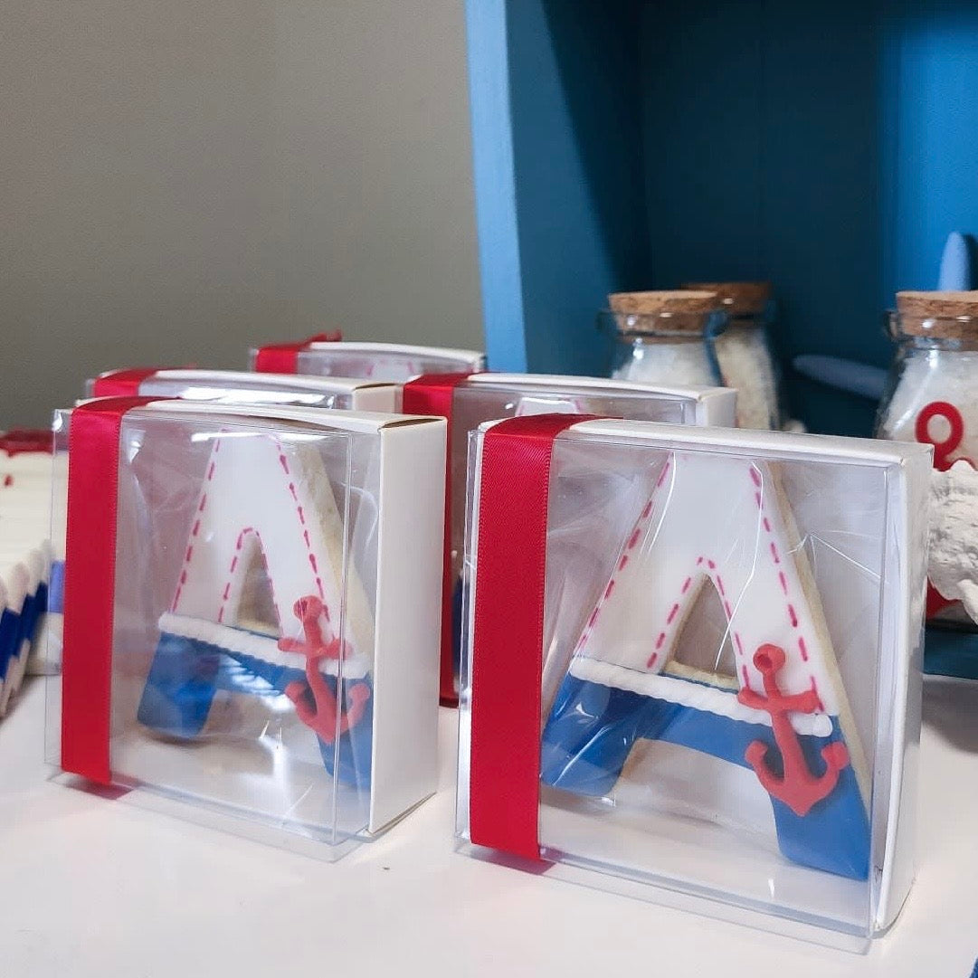 12x Nautical theme boxed initial cookies – built by heart
